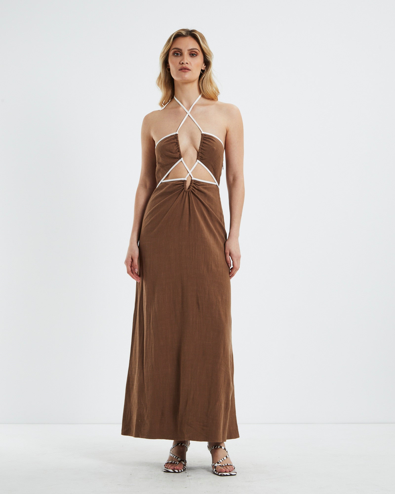 Selena Contrast Bind Midi Dress Brown – General Pants Co.